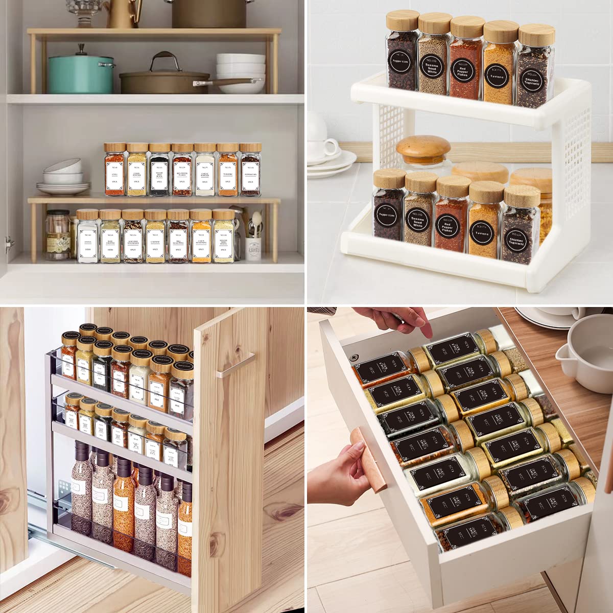 VIVAIVE Spice Jars with Labels,24 Pcs 4oz Glass Spice Jars with Bamboo Lid and 648 Waterproof Printed Labels,2 Salt and Pepper Grinder Set,Empty Spice Containers Bottles for Pantry,Cabinet,Drawer