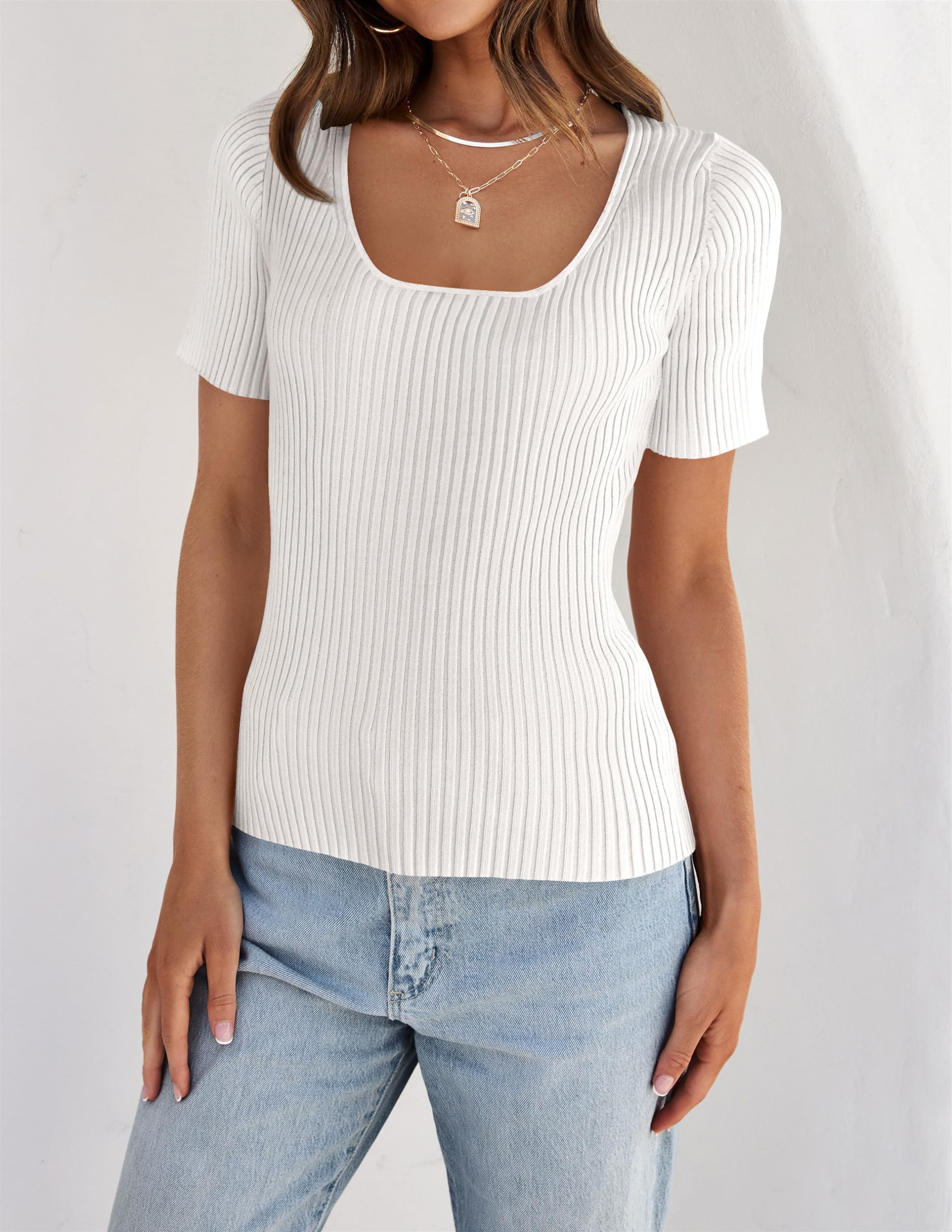 ZESICA Women's 2024 Short Sleeve Square Neck T Shirts Slim Fitted Summer Ribbed Knit Basic Casual Tee Tops,White,Medium