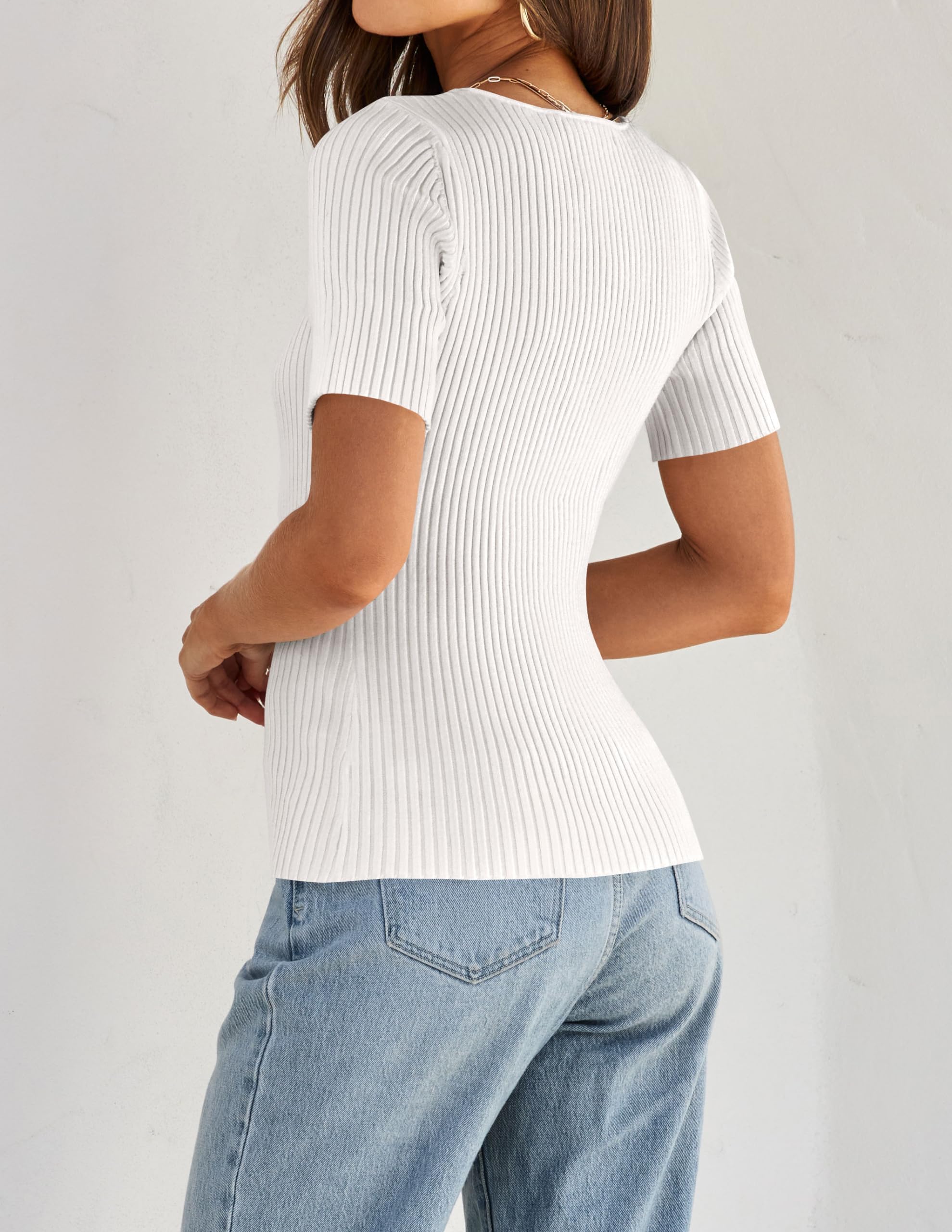 ZESICA Women's 2024 Short Sleeve Square Neck T Shirts Slim Fitted Summer Ribbed Knit Basic Casual Tee Tops,White,Medium