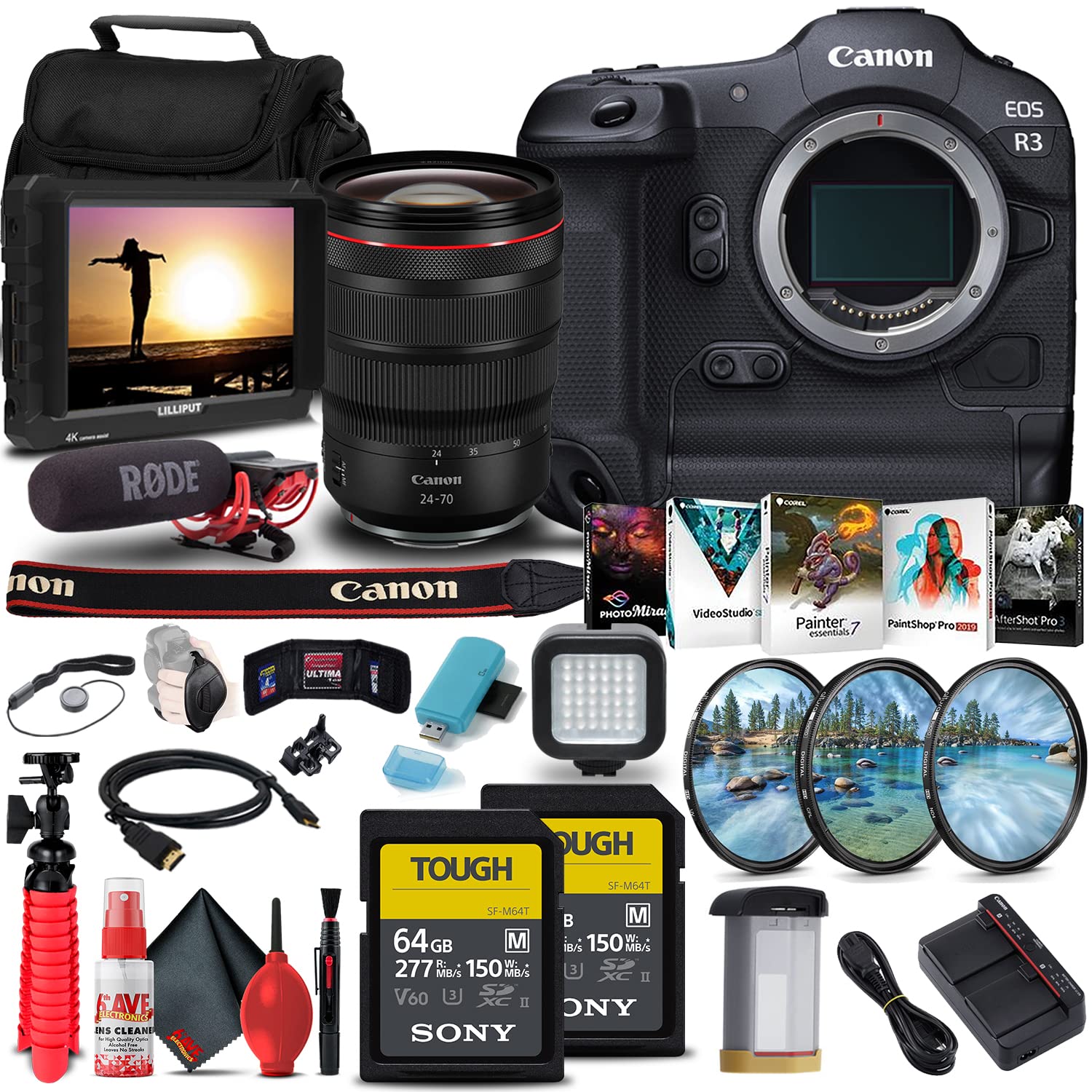 Canon EOS R3 Mirrorless Camera (4895C002) + Canon RF 24-70mm Lens + 4K Monitor + Rode VideoMic + 2 x Sony 64GB Tough SD Card + Filter Kit + Card Reader + Light + Corel Photo Software + More (Renewed)