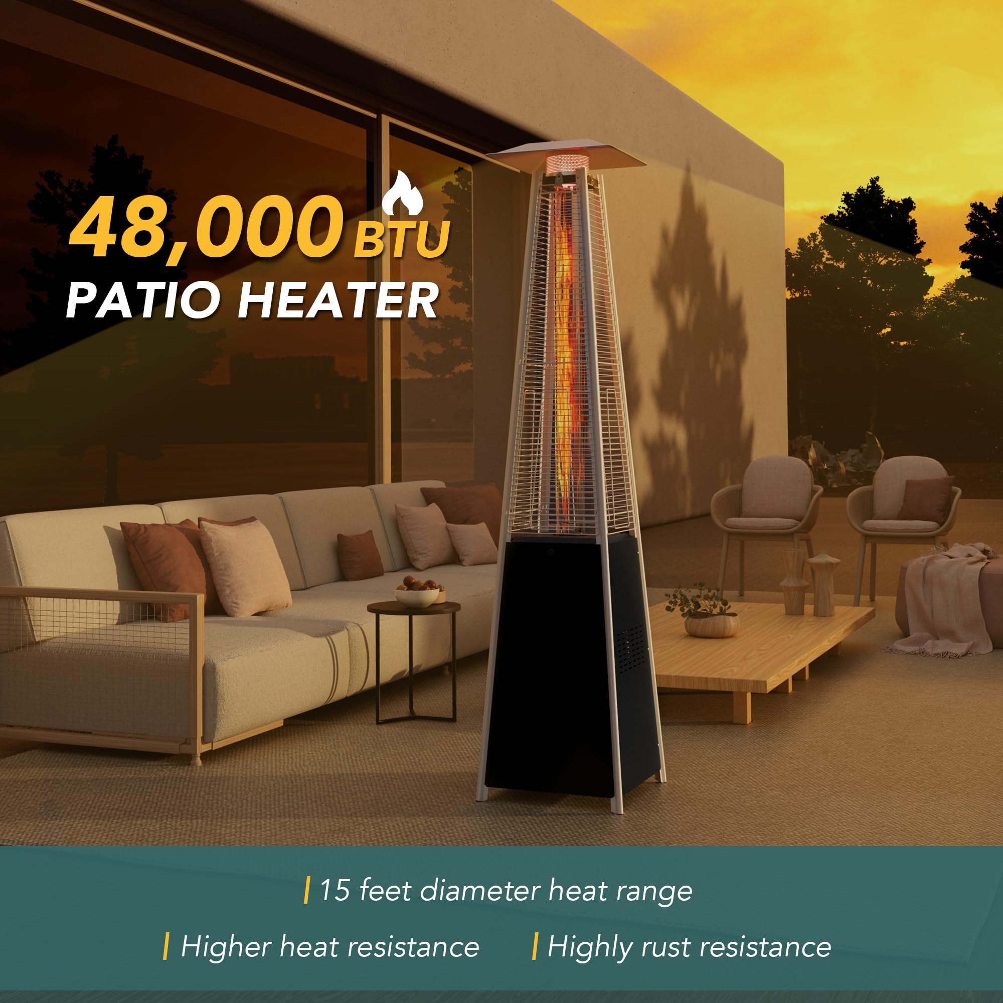 Pamapic Patio Heater with Cover, 42,000 BTU Pyramid Flame Outdoor Heater Quartz Glass Tube Propane Heater