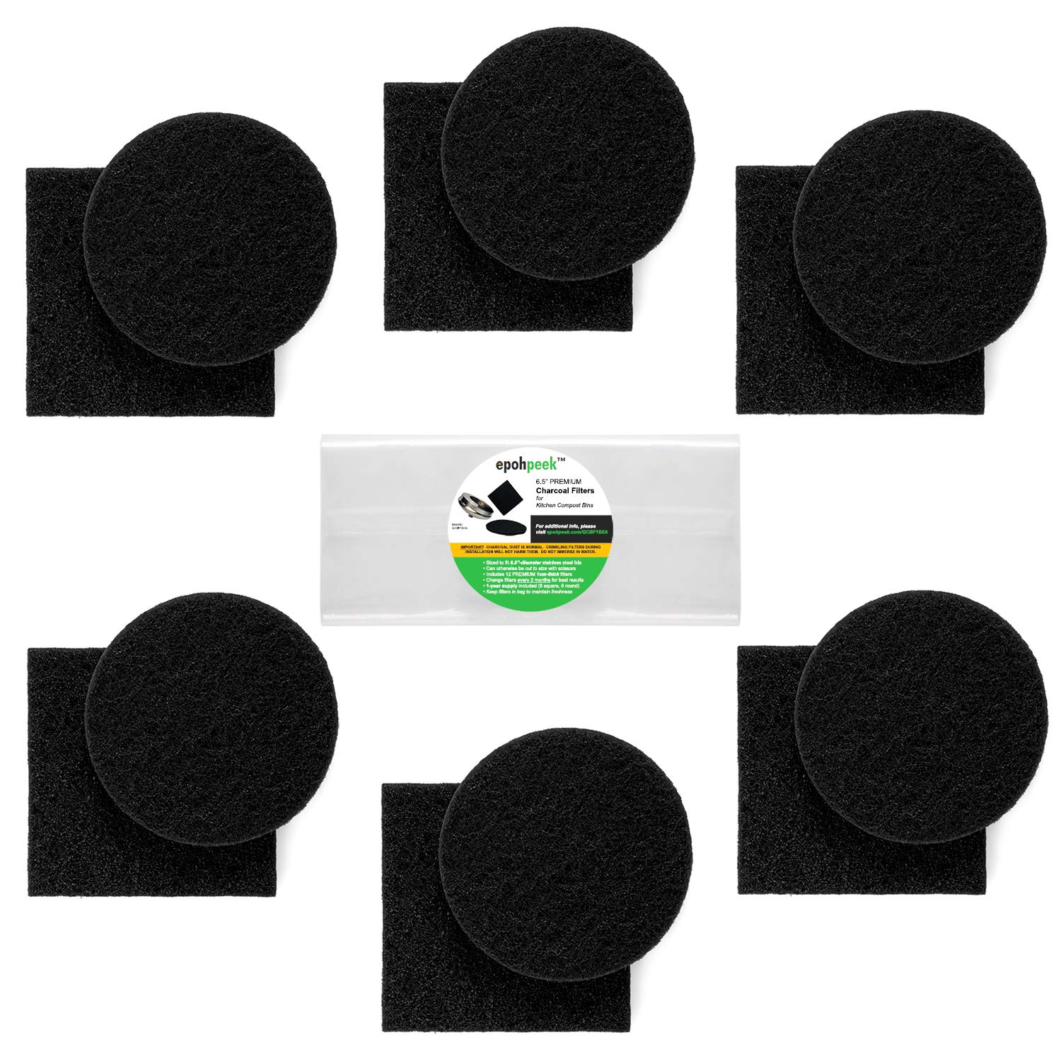 Epohpeek Compost Bin Filters Charcoal - Filter Replacement for Kitchen Pail Composter, 12 Pack Extra Thick (1cm) Fits Gallon Bucket Countertop Bins - Activated Carbon, 6 Round 6 Square, Both 6.5â