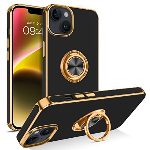 BENTOBEN iPhone 14 Case with 360° Ring Holder, Shockproof Slim Kickstand Magnetic Support Car Mount Women Men Non-Slip Protective Phone Case for iPhone 14 6.1", Black/Gold