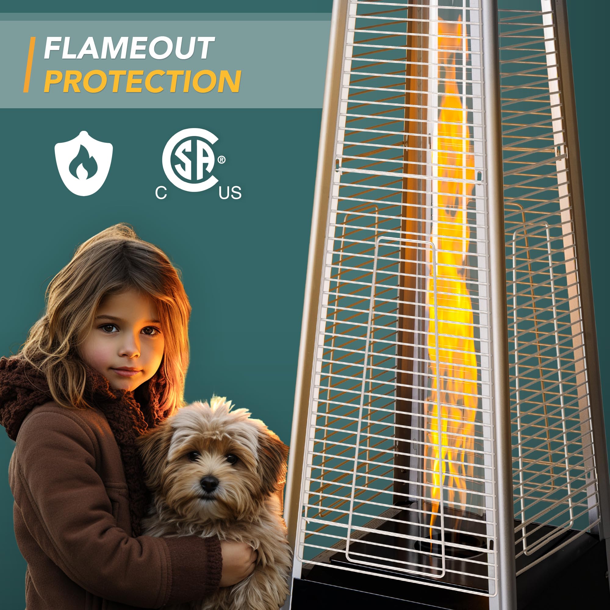 Pamapic Patio Heater with Cover, 42,000 BTU Pyramid Flame Outdoor Heater Quartz Glass Tube Propane Heater