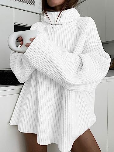 LILLUSORY Womens Turtleneck Oversized Chunkys Dress Long Tunic Pullover Chunky Plus Size Top Fall 2025 White Medium
