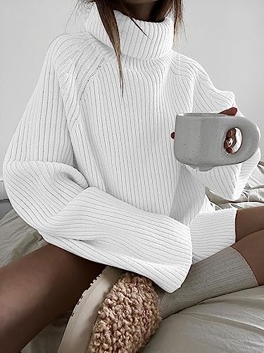 LILLUSORY Womens Turtleneck Oversized Chunkys Dress Long Tunic Pullover Chunky Plus Size Top Fall 2025 White Medium
