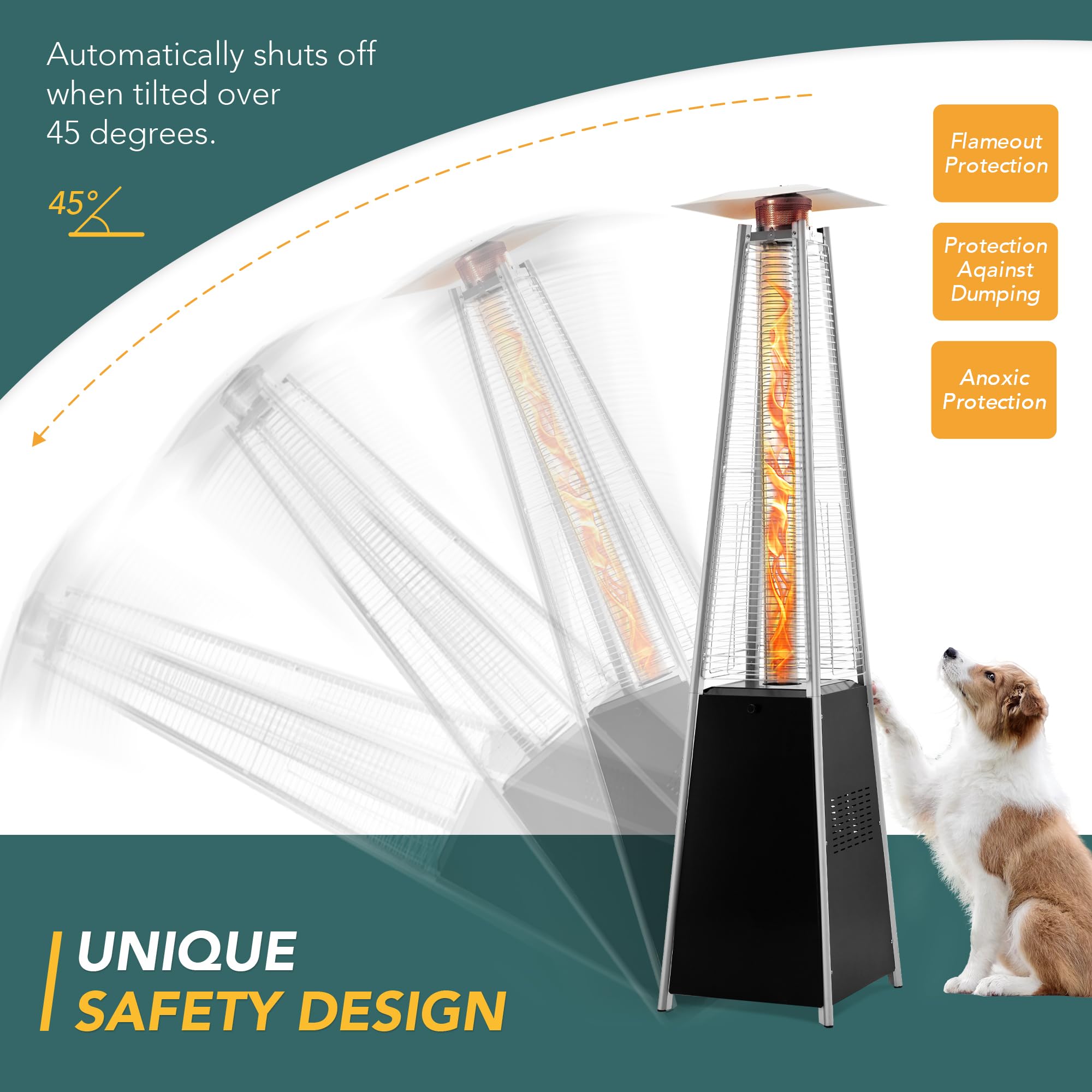 Pamapic Patio Heater with Cover, 42,000 BTU Pyramid Flame Outdoor Heater Quartz Glass Tube Propane Heater