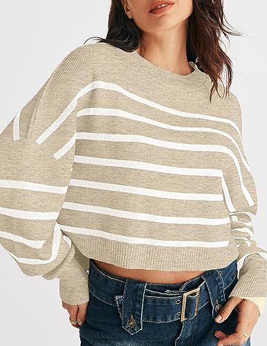 MEROKEETY Womens Striped Cute Trendy Going Out Side Split Pullover Sweater for Teen Girls, Oatmeal, Small