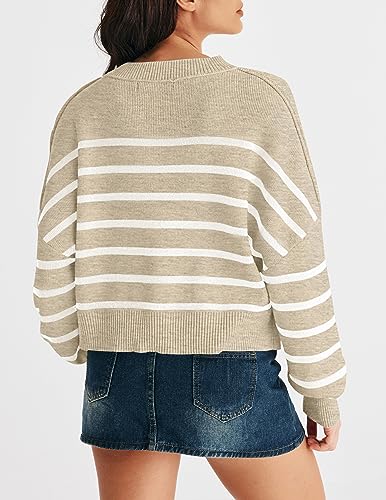 MEROKEETY Womens Striped Cute Trendy Going Out Side Split Pullover Sweater for Teen Girls, Oatmeal, Small