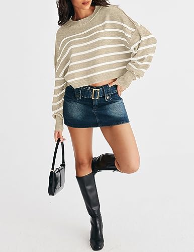 MEROKEETY Womens Striped Cute Trendy Going Out Side Split Pullover Sweater for Teen Girls, Oatmeal, Small