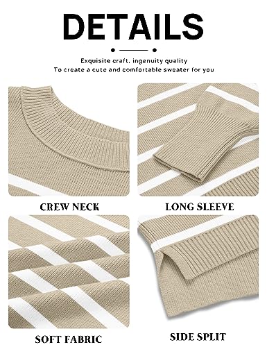 MEROKEETY Womens Striped Cute Trendy Going Out Side Split Pullover Sweater for Teen Girls, Oatmeal, Small
