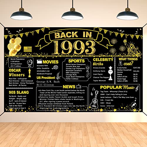 DARUNAXY 30th Birthday Black Gold Party Decoration, Back in 1993 Banner 30 Year Old Birthday Party Poster Supplies Vintage 1993 Backdrop Photography Background for Men & Women 30th Class Reunion Decor