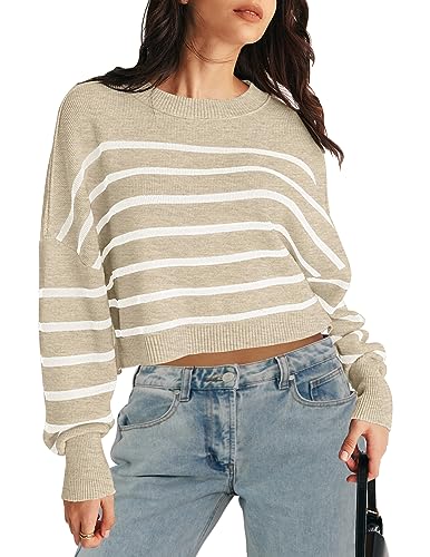 MEROKEETY Womens Striped Cute Trendy Going Out Side Split Pullover Sweater for Teen Girls, Oatmeal, Small