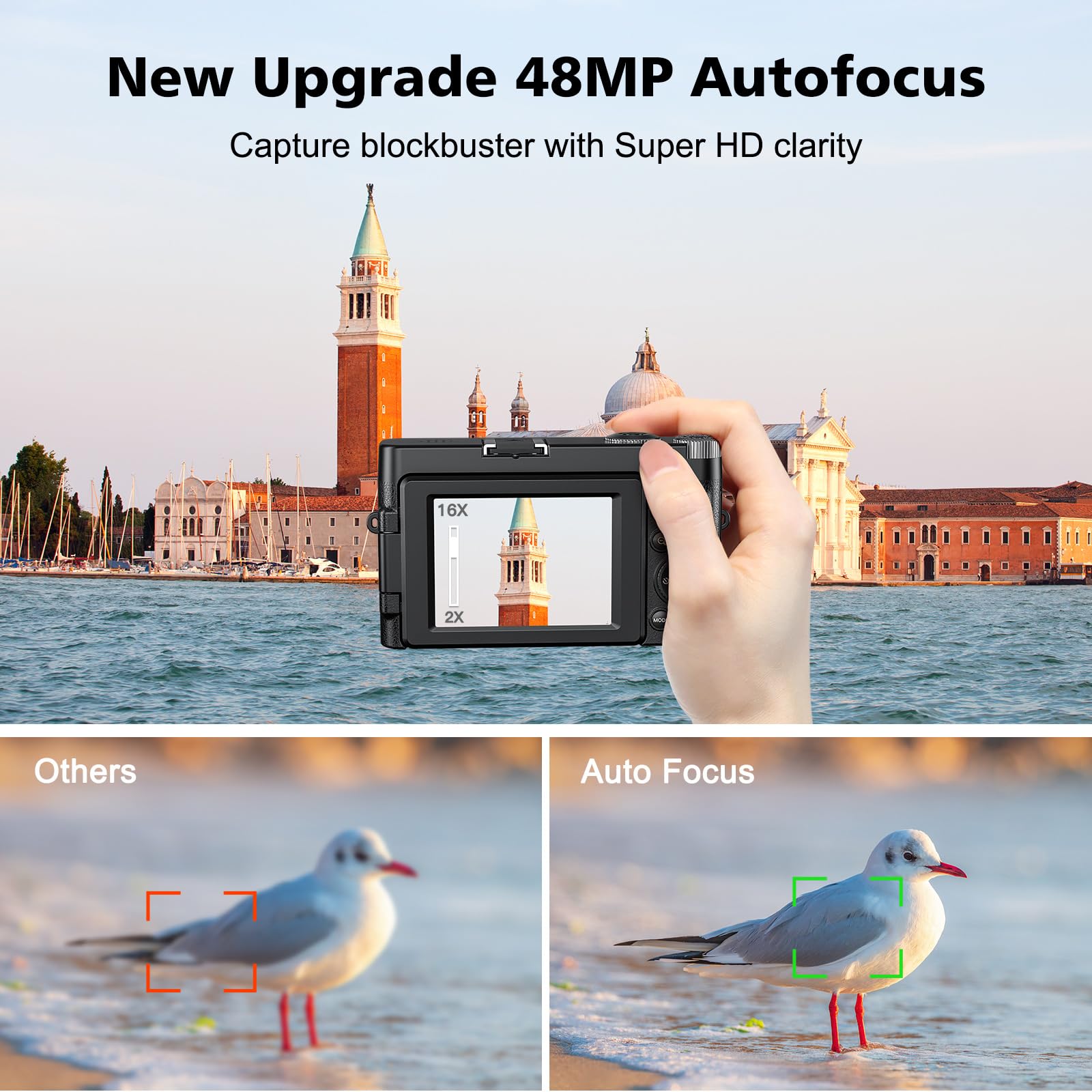 4K Digital Camera with Flash, 48MP Camera for Photography Teens Adults Autofocus Vlogging and YouTube Cameras with Flip Screen, Anti-Shake, 16X Digital Zoom, 32GB Card, Two Batteries, Lanyard