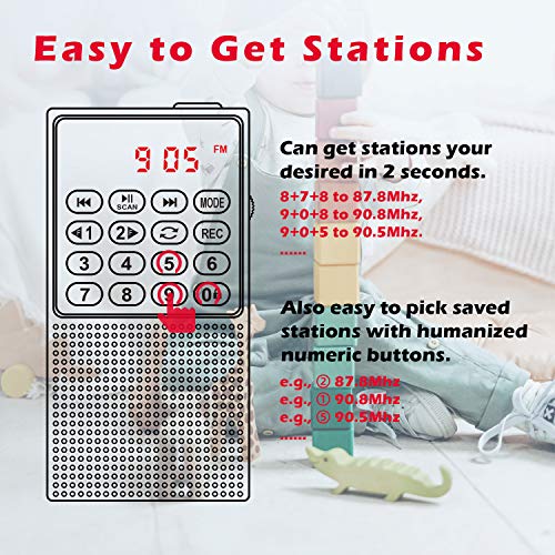 Mini Pocket FM Walkman Radio Portable Battery Radio with Recorder, Lock Key, SD Card Player, Rechargeable Battery Operated, by PRUNUS(NO AM)