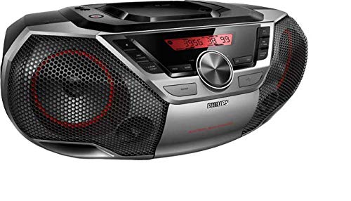 Philips Portable Boombox CD Player Bluetooth FM Radio MP3 Mega Bass Reflex Stereo Sound System with NFC, 12W, USB Input, Headphone Jack, and LCD Display