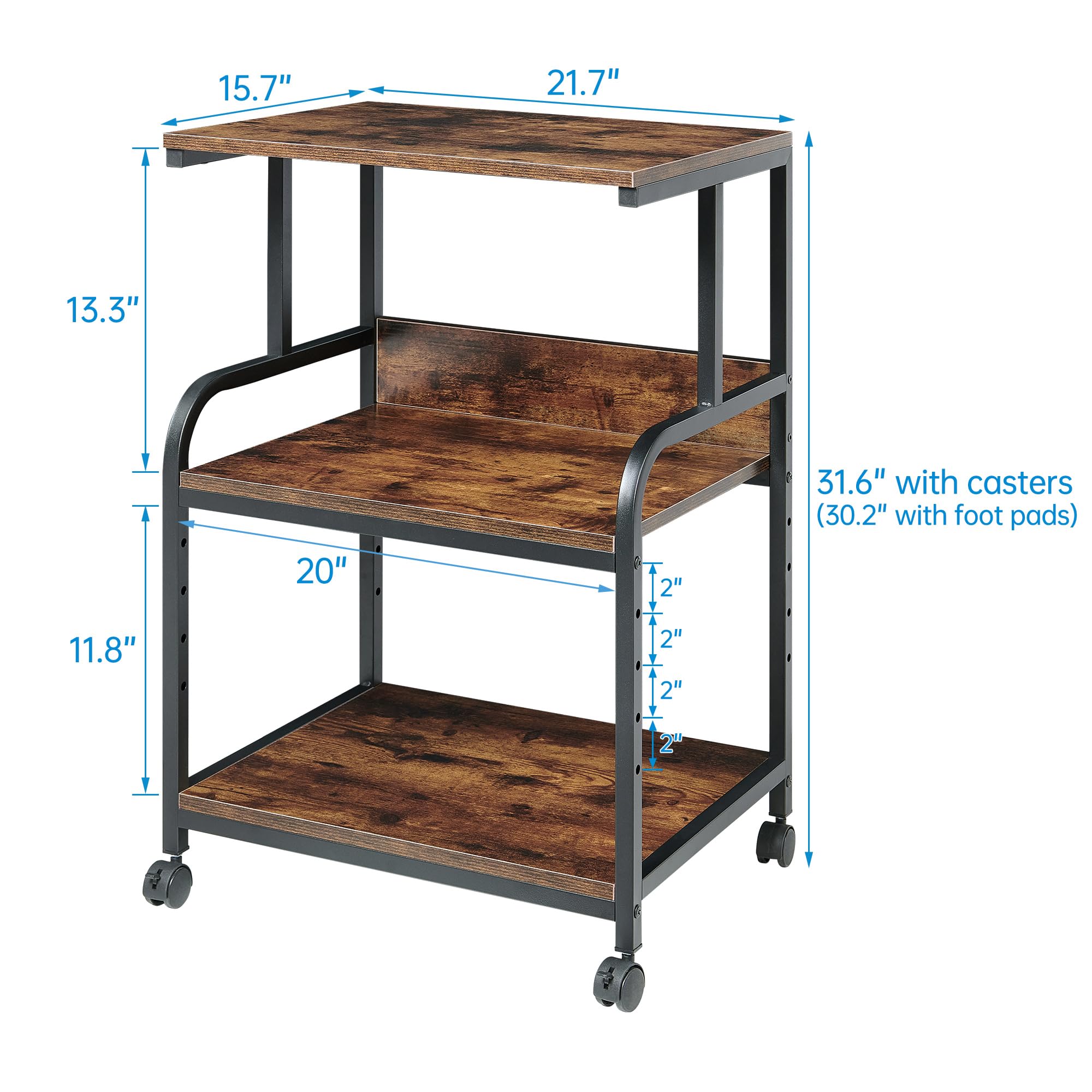Fannova Printer Stand, 3 Tier Printer Cart with Storage Shelf, Rolling Printer Table with Wheels for Home Office Organization, Stand for Heat Press Microwave, Industrial Style