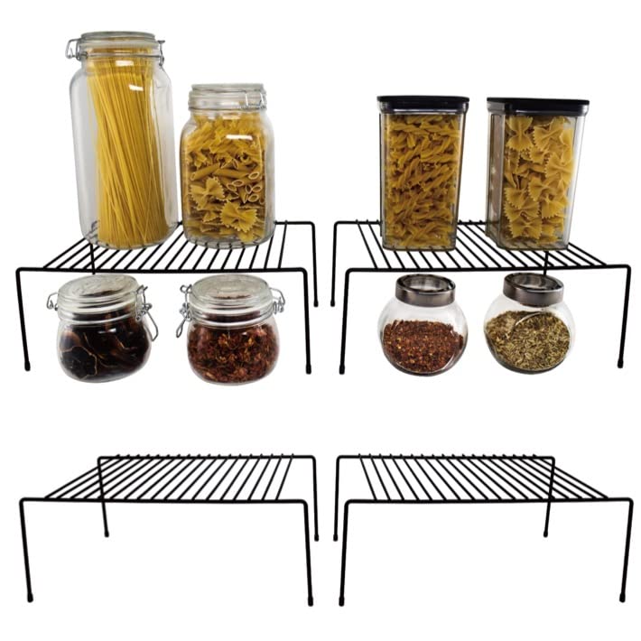 COMELYJEWEL 4pcs/pack Medium - L 13" x W 9" x H 5.1" Non-Slip Feet Black Cabinet Storage shelves Shelf organizer Rack Steel Metal Wire Counter & Pantry Home Kitchen Drawer Organizer , Medium