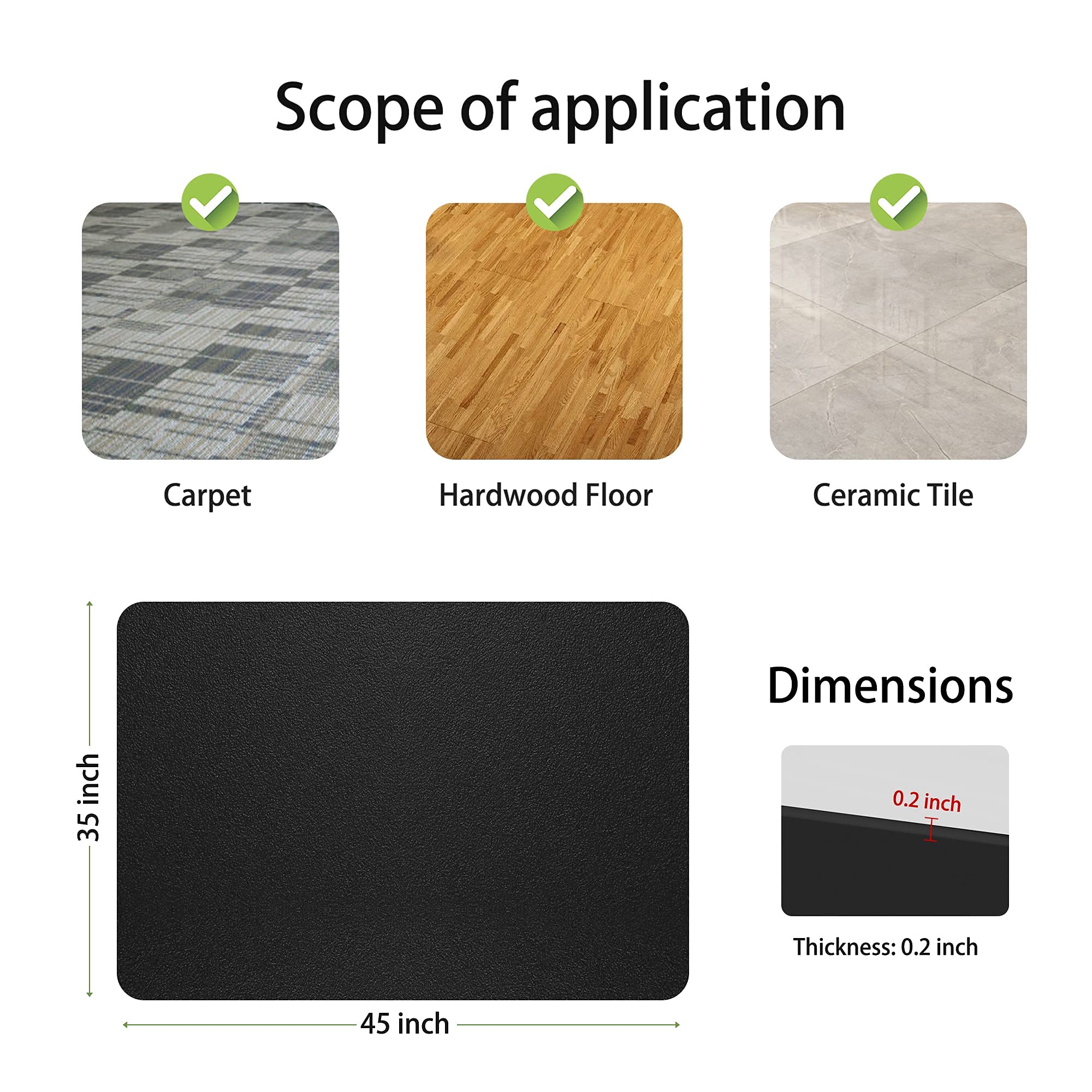 Chair Mat for Carpet, Tough and 1/5" Thick Office Chair Mat, 35" x 45" Anti-Slip Chair Mats for Carpeted or Hard Floors