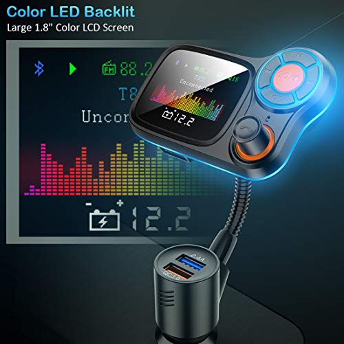 TSNAM Wireless Car Bluetooth Adapter,Radio FM Transmitters HandsFree Call Receiver and MP3 Music/APP Audio Play,QC3.0 and Smart 2.4A Dual USB Charger,1.8" Color Display,Aux Port,TF Card