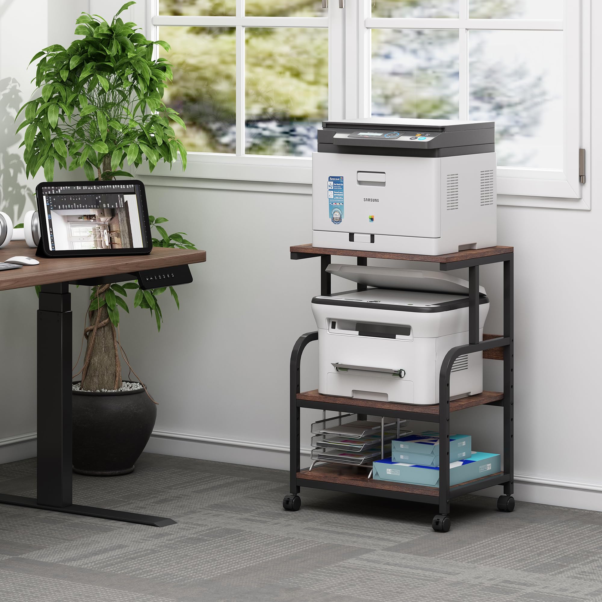 Fannova Printer Stand, 3 Tier Printer Cart with Storage Shelf, Rolling Printer Table with Wheels for Home Office Organization, Stand for Heat Press Microwave, Industrial Style
