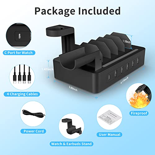 OTESS Charging Station for Multiple Devices,6 Ports USB C Charging Station with Phone and Watch Charging Stand, Charging Dock for iPhone iPad iWatch AirPods Samsung Apple Products