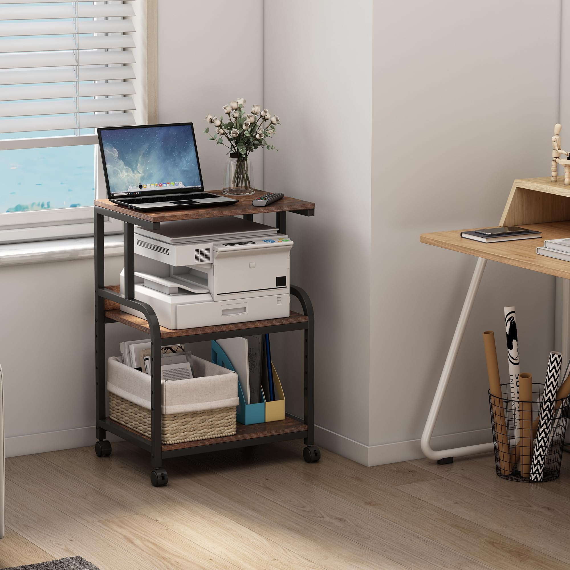 Fannova Printer Stand, 3 Tier Printer Cart with Storage Shelf, Rolling Printer Table with Wheels for Home Office Organization, Stand for Heat Press Microwave, Industrial Style