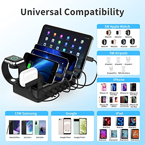 OTESS Charging Station for Multiple Devices,6 Ports USB C Charging Station with Phone and Watch Charging Stand, Charging Dock for iPhone iPad iWatch AirPods Samsung Apple Products
