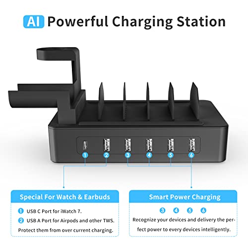 OTESS Charging Station for Multiple Devices,6 Ports USB C Charging Station with Phone and Watch Charging Stand, Charging Dock for iPhone iPad iWatch AirPods Samsung Apple Products