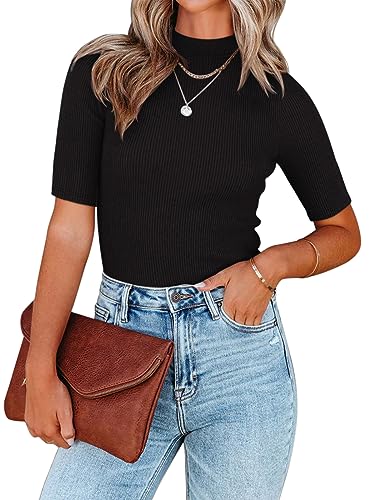 REORIA Women's Fall Basic Mock Neck Half Sleeve Slimming Leotards Tops Dressy Casual Ribbed Knit Thong T Shirts Bodysuits Black Medium