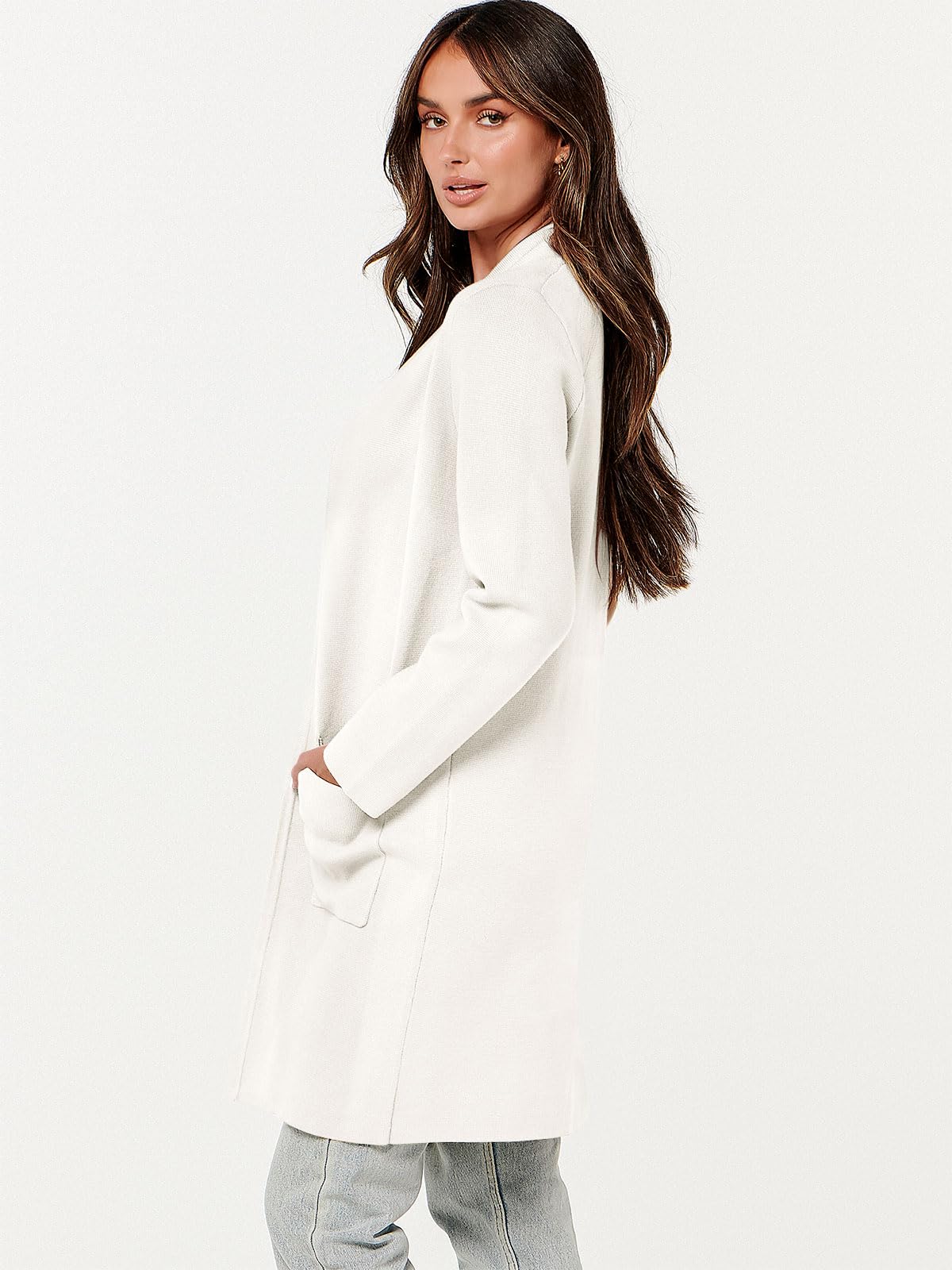 ANRABESS Cardigan Sweater for Women Casual 2024 Fall Fashion Coat Long Sleeve Open Front Knit Coatigan Outwear Off White Large