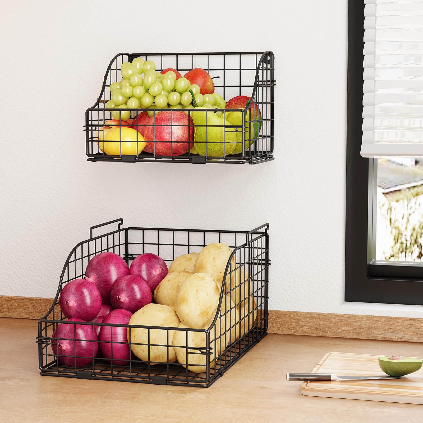 X-cosrack 2 Tier Stackable Wire Baskets, Countertop Veggies Storage Potato Onion Pantry Organizer Snack Holder for Kitchen Cabinet Produce