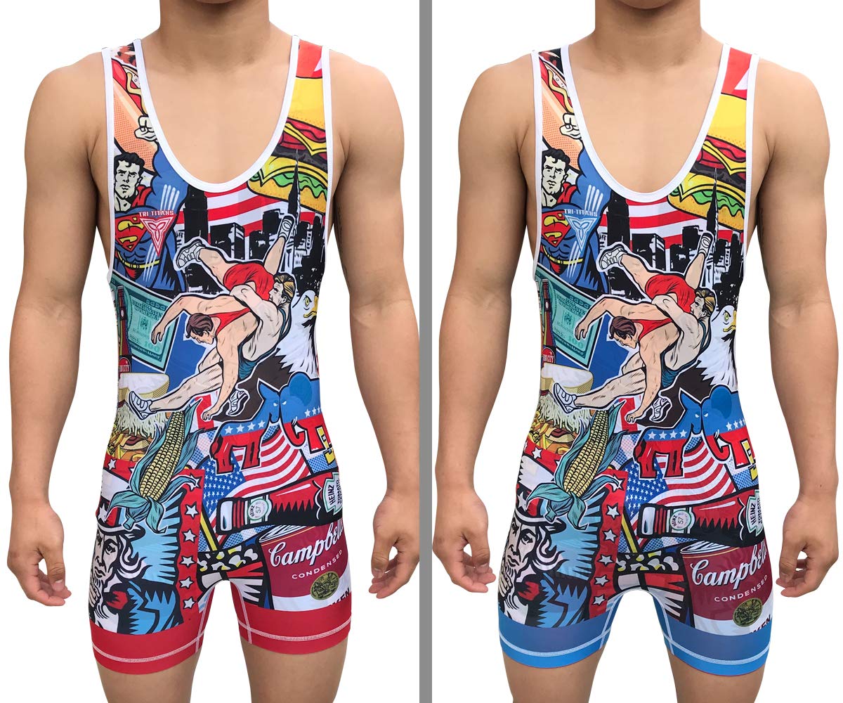 TRI-TITANS Merica Full Color Reversible Wrestling Singlet (Youth L: 60lbs-75lbs)
