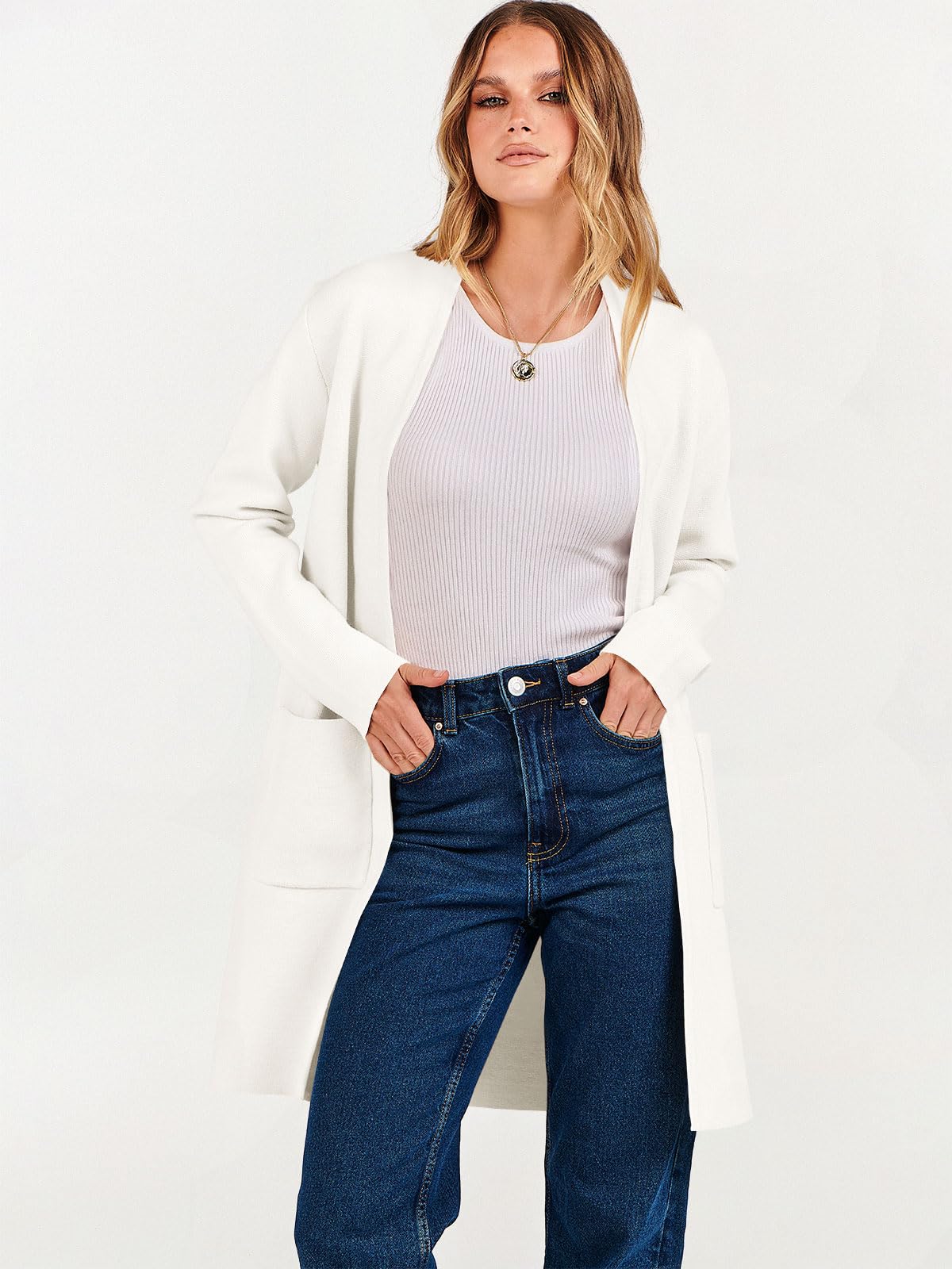 ANRABESS Cardigan Sweater for Women Casual 2024 Fall Fashion Coat Long Sleeve Open Front Knit Coatigan Outwear Off White Large