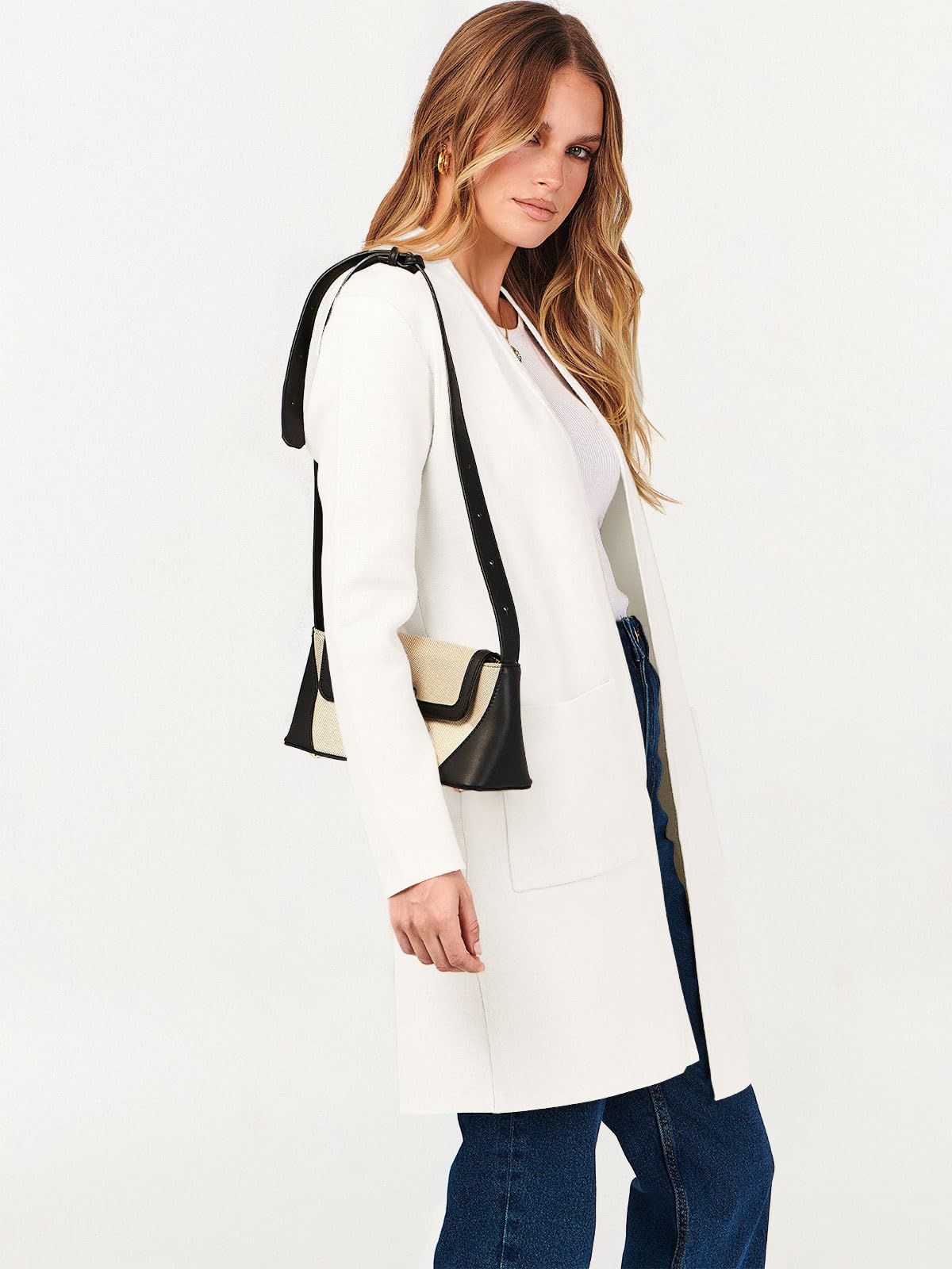 ANRABESS Cardigan Sweater for Women Casual 2024 Fall Fashion Coat Long Sleeve Open Front Knit Coatigan Outwear Off White Large