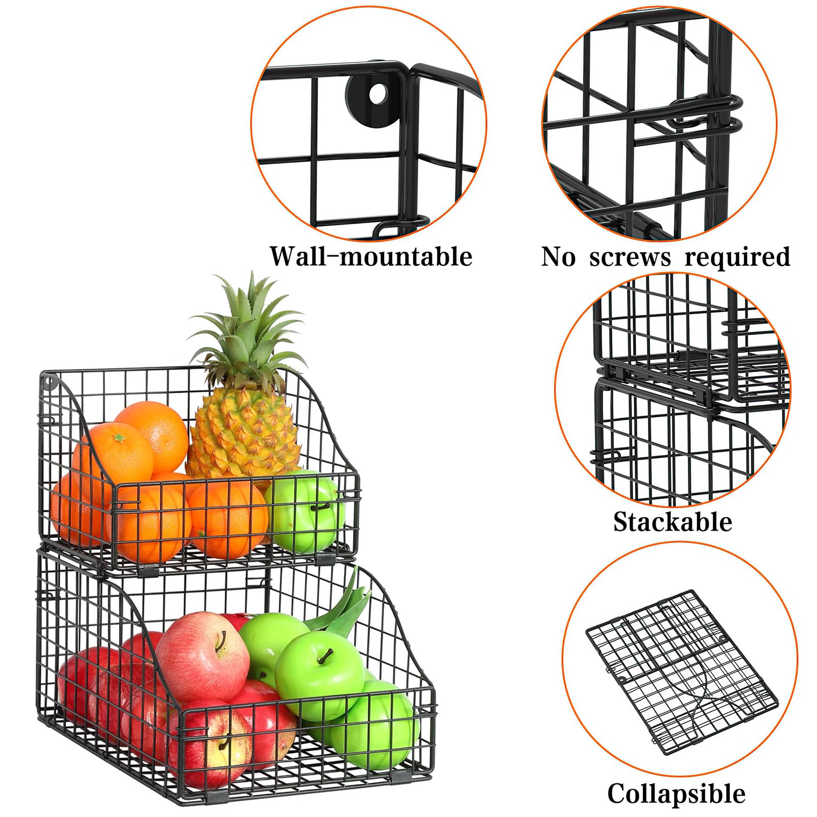 X-cosrack 2 Tier Stackable Wire Baskets, Countertop Veggies Storage Potato Onion Pantry Organizer Snack Holder for Kitchen Cabinet Produce