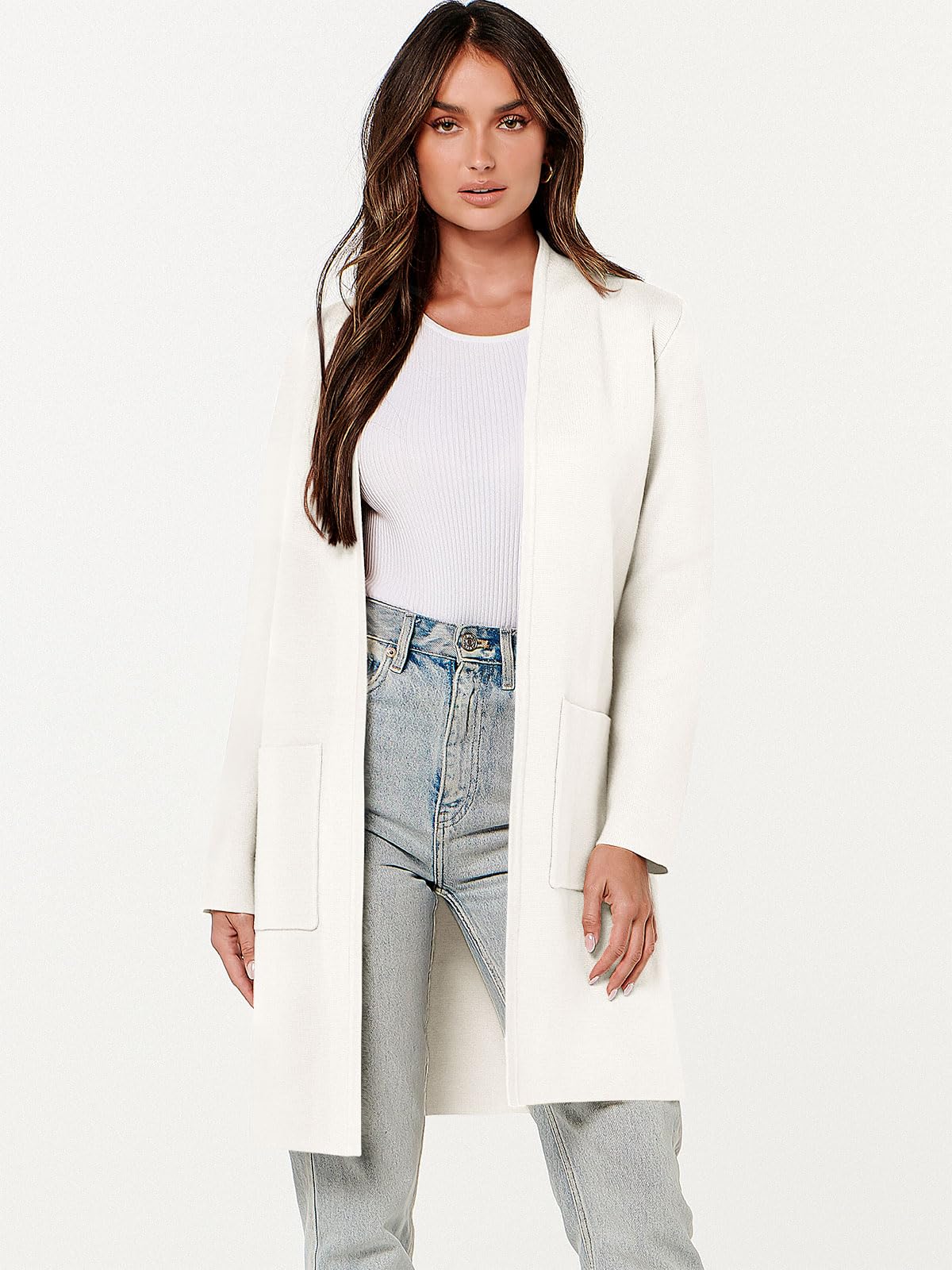 ANRABESS Cardigan Sweater for Women Casual 2024 Fall Fashion Coat Long Sleeve Open Front Knit Coatigan Outwear Off White Large