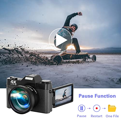 Acoletty 4K Digital Camera for YouTube, 48MP Vlogging Camera, 16X Digital Zoom, 3.0" IPS 30FPS 180° Flip Screen TopCam32 Zoom, 52mm Wide Angle Lens, Macro Lens, 2 Batteries and 32GB TF Card