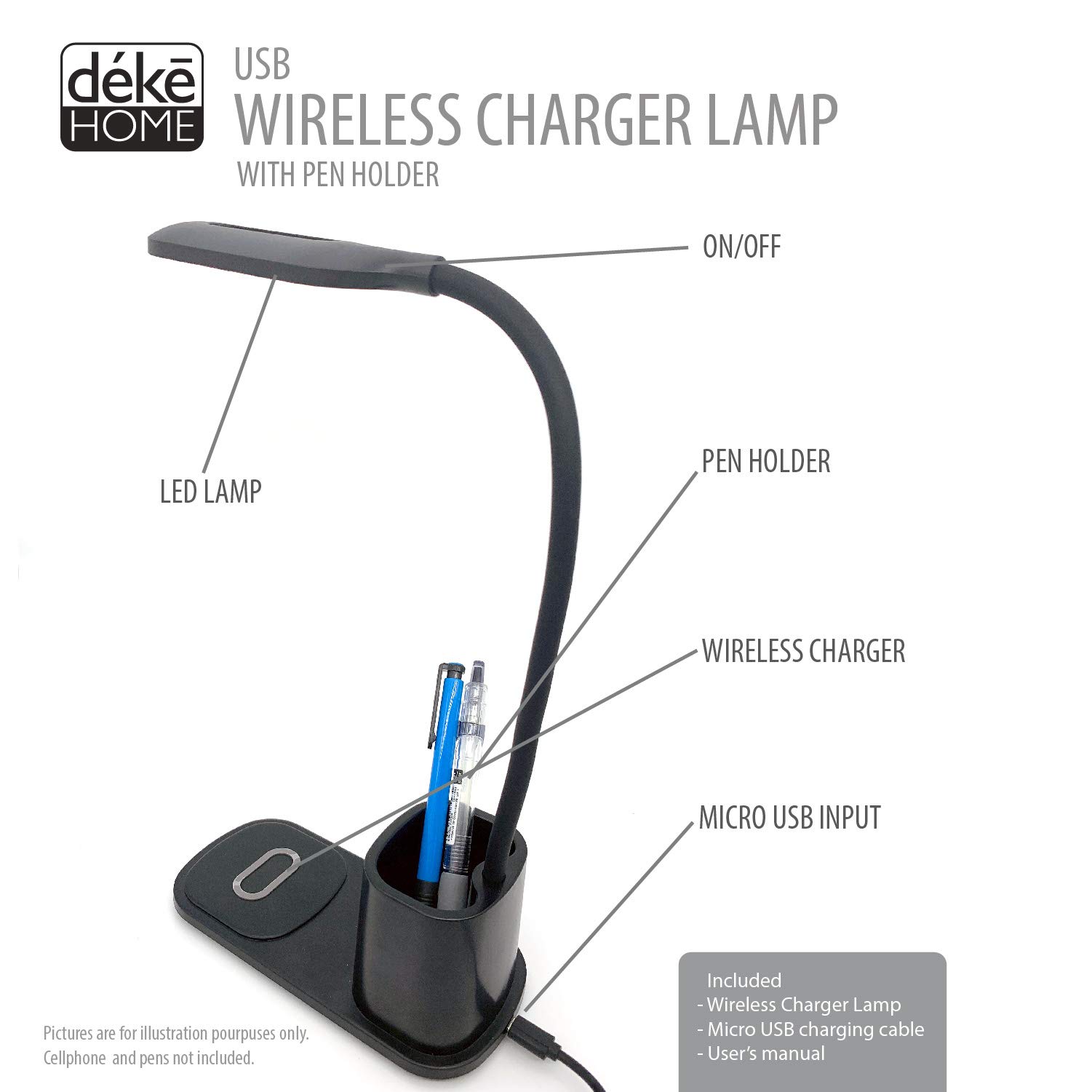 Deke Home 3 Brightness Level Dimmable LED Desk Wireless Charger Lamp with Pen Holder, Eye-Caring Table Lamps, Table Lights,3 Color, Wireless Charging, Flexible Rotation Touch Control Kids Night Light