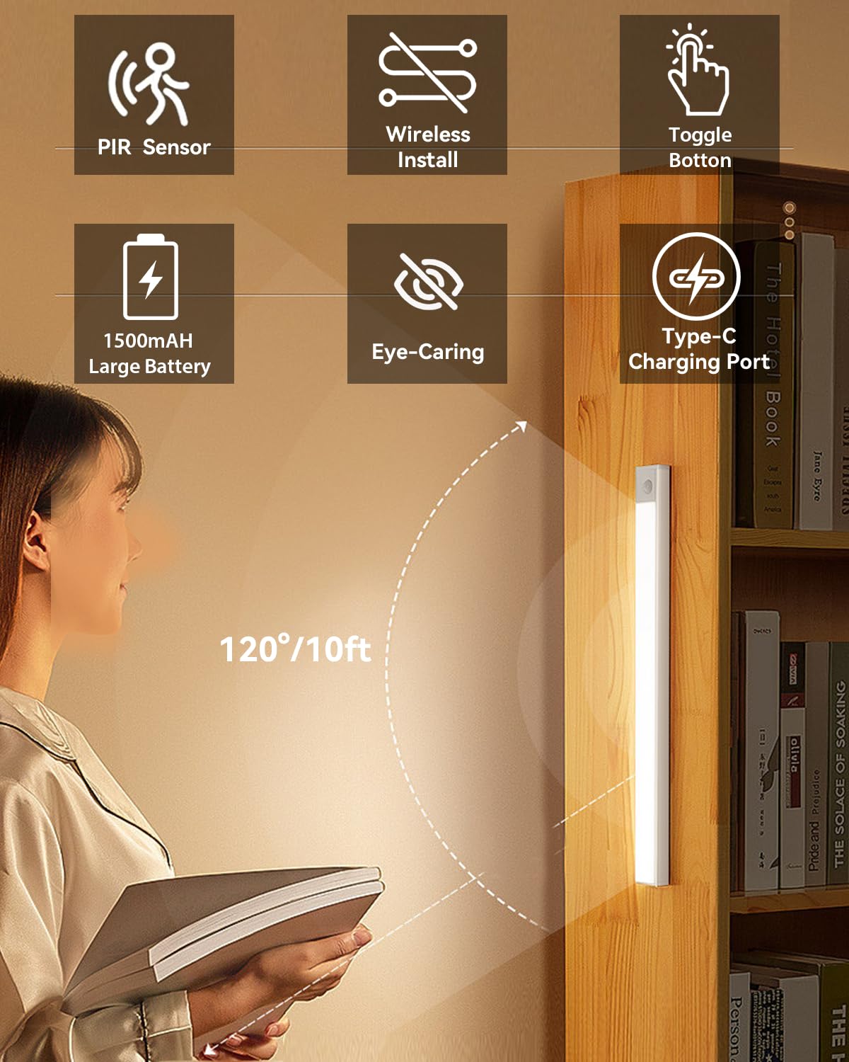 9in Motion Sensor Under Cabinet Lights Wireless, 1500mAh Battery Operated Counter Light Rechargeable Type-C USB,Ultra Thin Cabinet Lighting for Kitchen,Bedroom,Stair,Wardrobe,Cupboard(Warm White) 2Pcs
