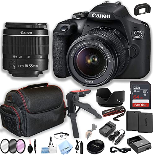 Canon EOS 2000D (Rebel T7) DSLR Camera w/EF-S 18-55mm F/3.5-5.6 Zoom Lens + 64GB Memory + Case+ Steady Grip Pod + Filters + Remote + 2X Batteries + More (30pc Bundle)