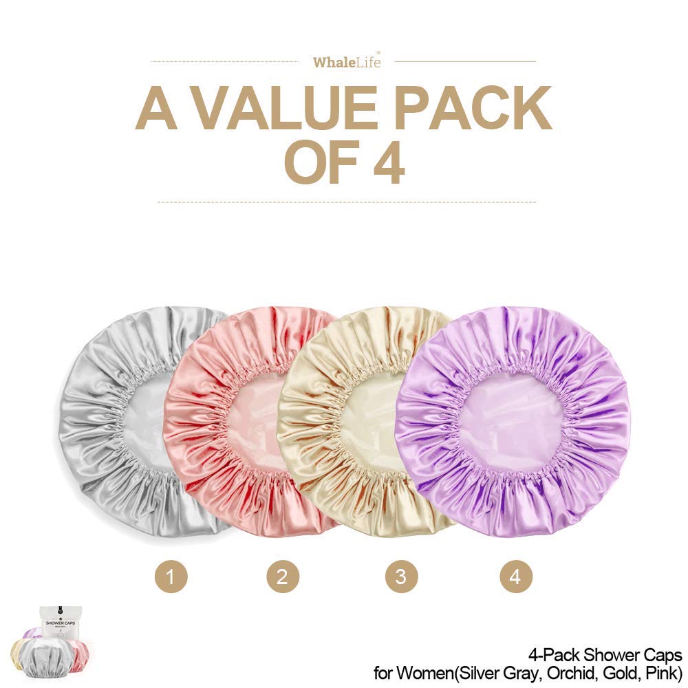 Bath Loofahs Sponge Natural4 Pack (Black) & Shower Cap 4pack (Gray Pink Yellow Purple) for Men and Women