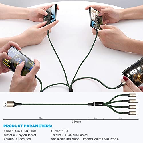 Bismdky Multi Charging Cable, 2Pack 4FT Nylon Braided Universal 4 in 1 Multiple USB Cable 3A Charging ,with Dual Phone/USB-C/Micro-USB Port Adapter Connectors for Cell Phones Tablets and More
