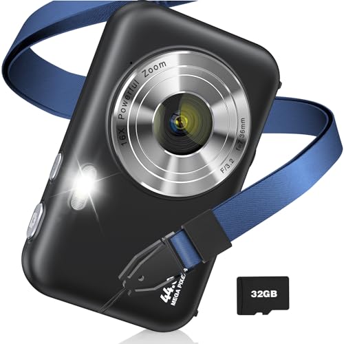 Fulealfly Digital Camera, FHD 1080P Kids Camera with Neck Lanyard 32GB Card Battery, Anti-Shake 16X Zoom, 44MP Point Shoot Cameras, Compact Portable Gift Camera for Kid Teen Student Girl Boy(Black)