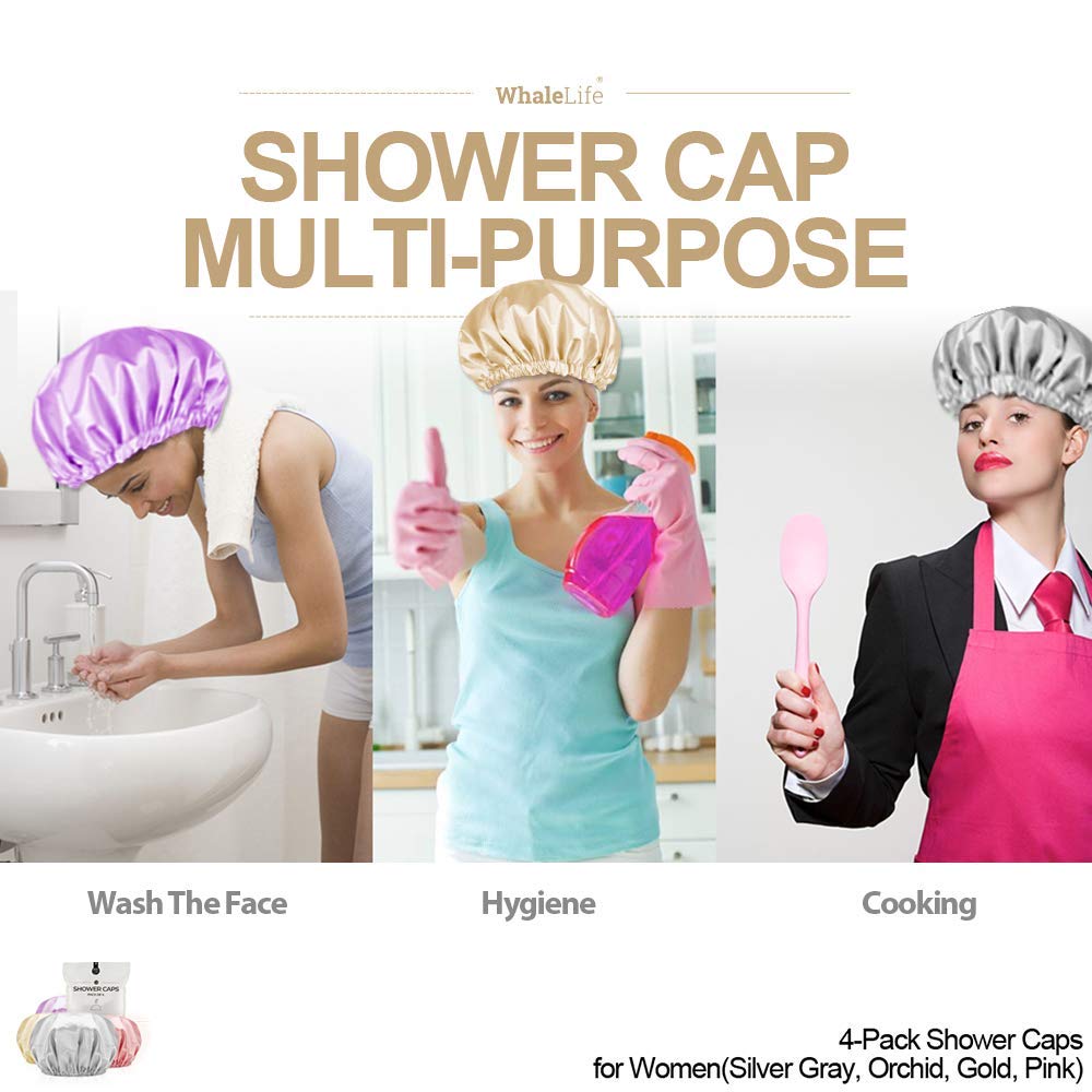 Bath Loofahs Sponge Natural4 Pack (Black) & Shower Cap 4pack (Gray Pink Yellow Purple) for Men and Women