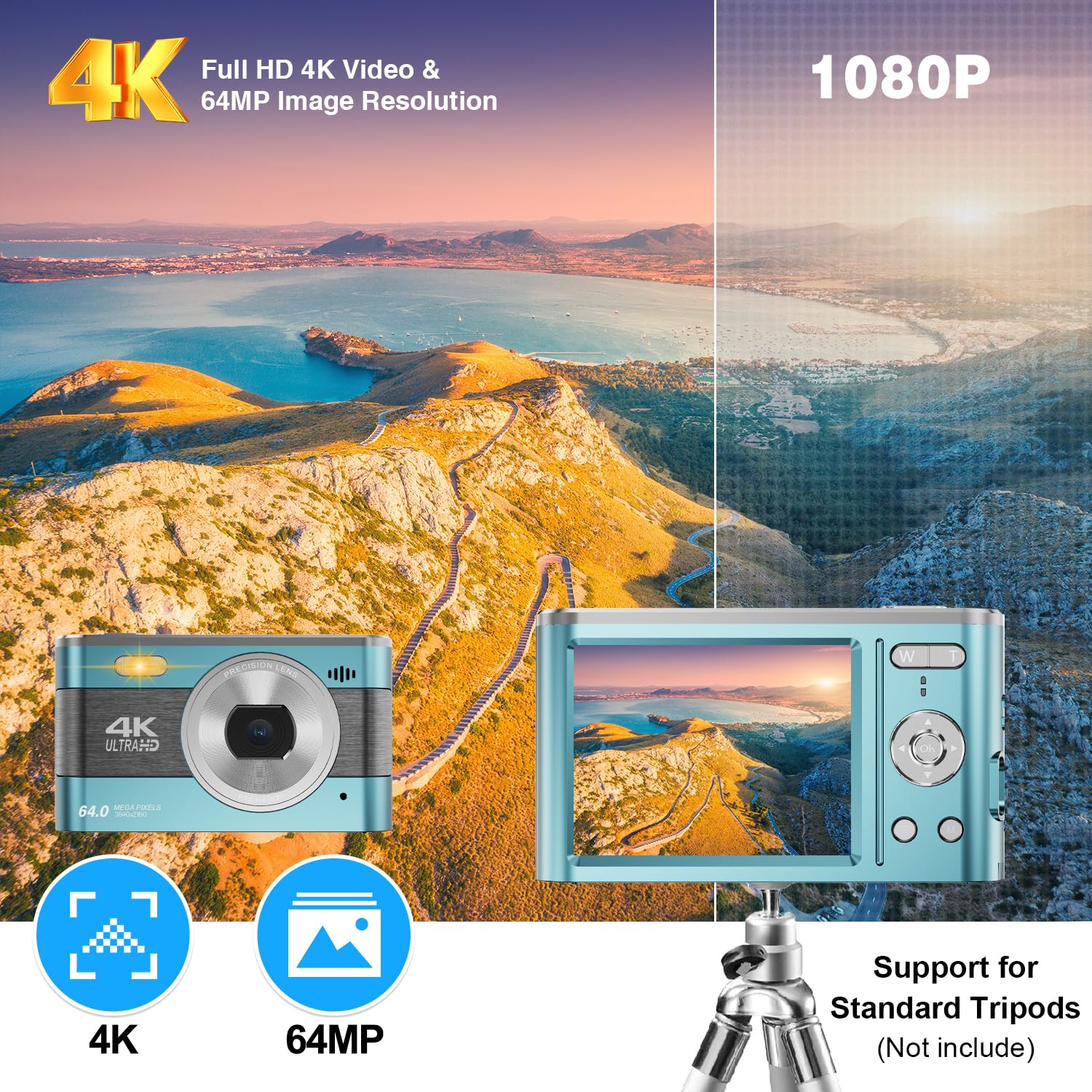 4K Digital Camera,Kids Camera with 64GB SD Card,Autofocus 64MP Point and Shoot Digital Cameras with 18X Digital Zoom,Two Batteries,Compact Small Camera for Kids Boys Girls
