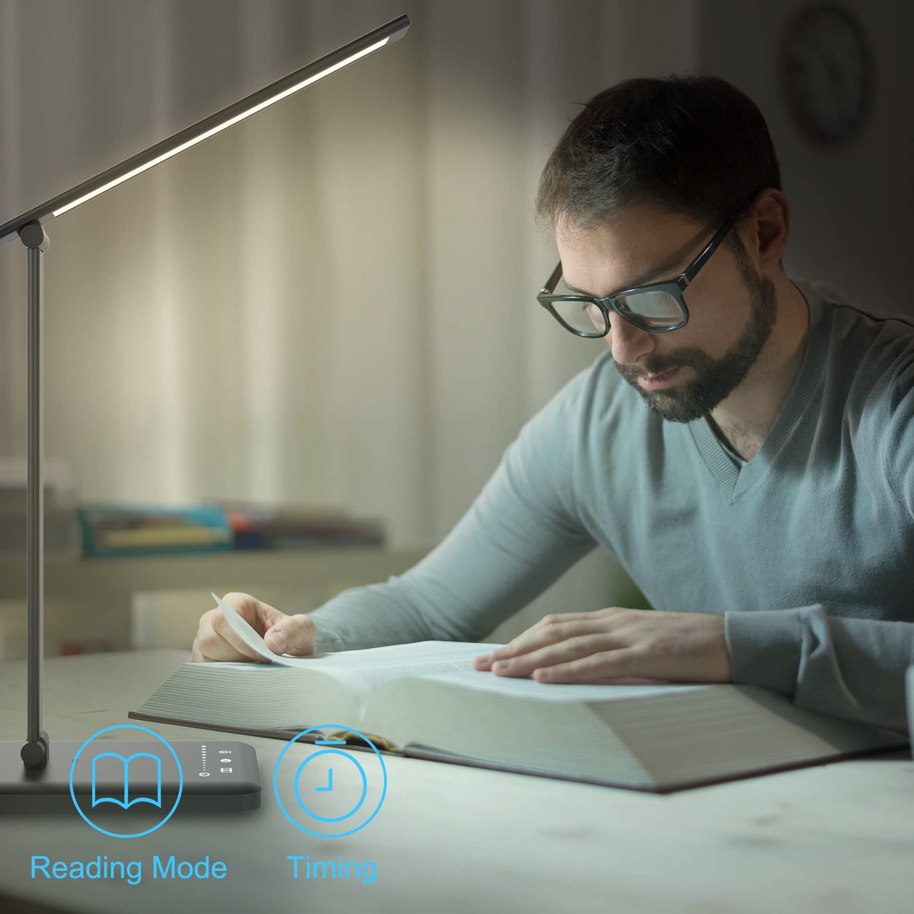 ONSTUY Desk Lamp,Dimmable Eye-Caring LED Table Lamp,5 Light Modes and 5 Brightness Levels,Touch Control,Auto Timer,Bedside Lamp with USB Charging Port for Study,Home,Office,Bedroom,Reading,Work