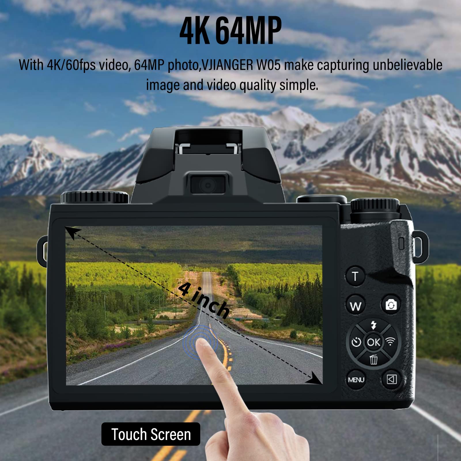 Digital Camera VJIANGER 4K Vlogging Camera 64MP Mirrorless Cameras for Photography with WiFi, 52mm Fixed Lens, 4.0" Fixed Touch Screen, 32GB SD Card & Camera Bag(W05-BlackS1)