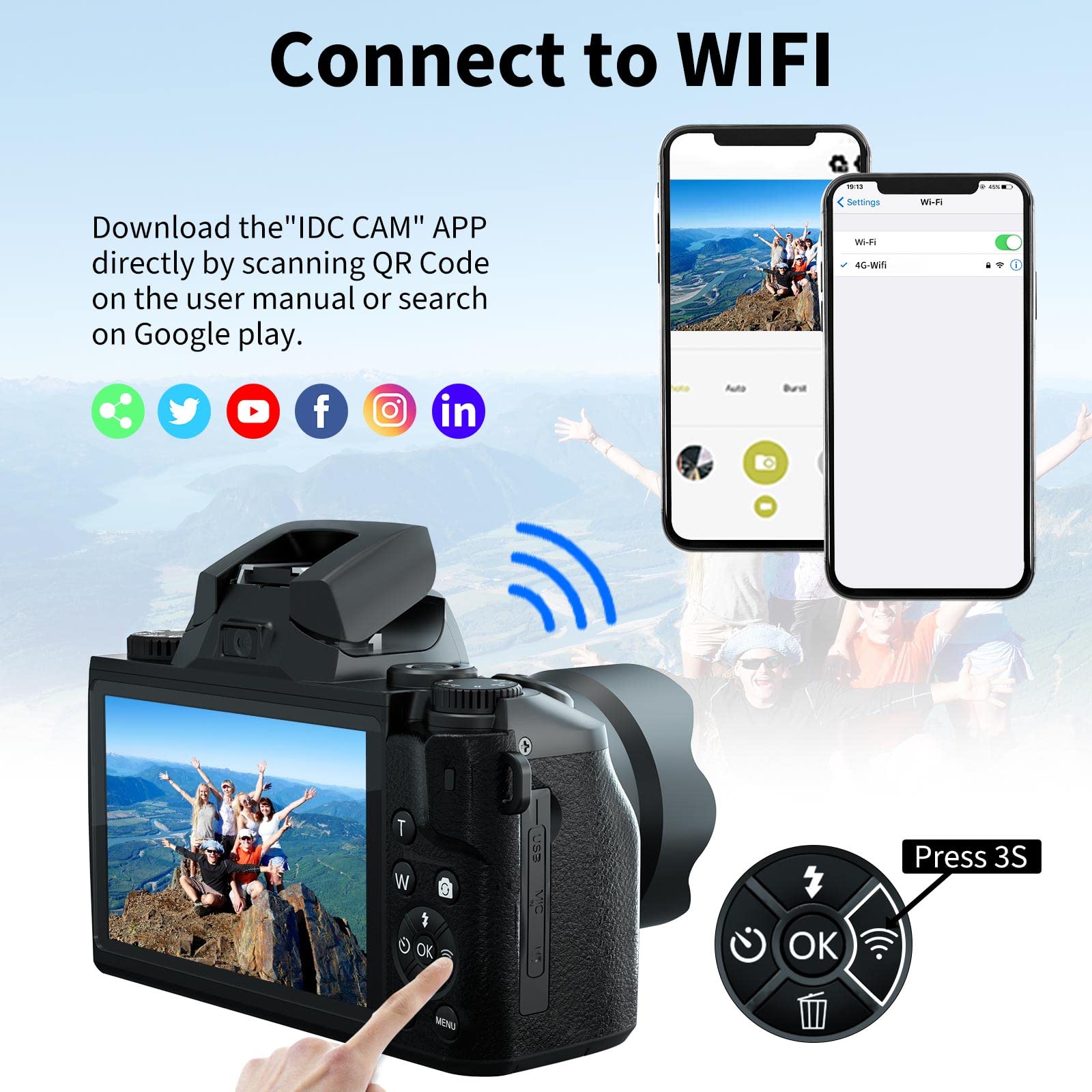 Digital Camera VJIANGER 4K Vlogging Camera 64MP Mirrorless Cameras for Photography with WiFi, 52mm Fixed Lens, 4.0" Fixed Touch Screen, 32GB SD Card & Camera Bag(W05-BlackS1)