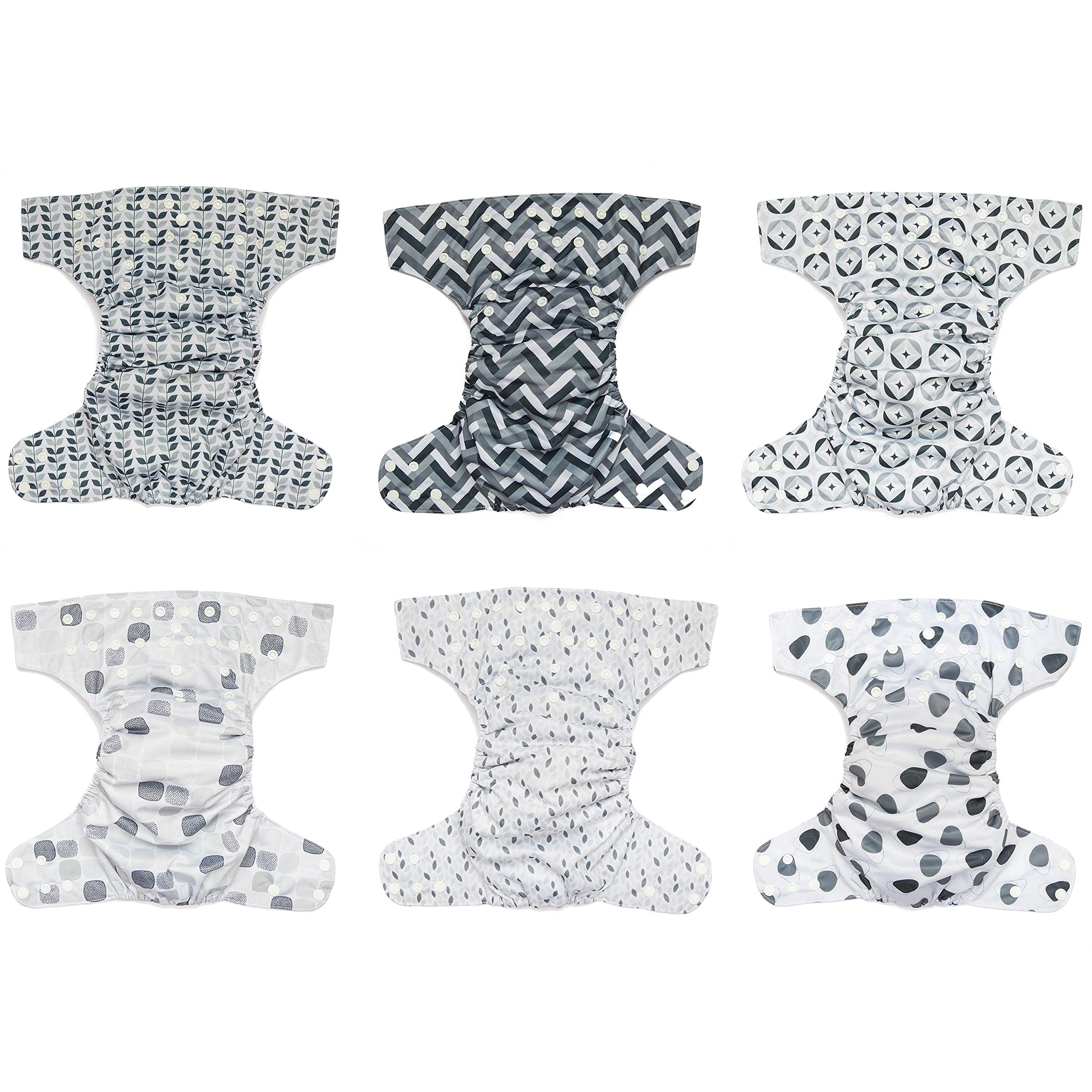 Simple Being Reusable Cloth Diapers, Double Gusset, One Size Adjustable, Washable Soft Absorbent, Waterproof Cover, Eco-Friendly Unisex Baby Girl Boy, six 4-Layers Microfiber Inserts (Greys)